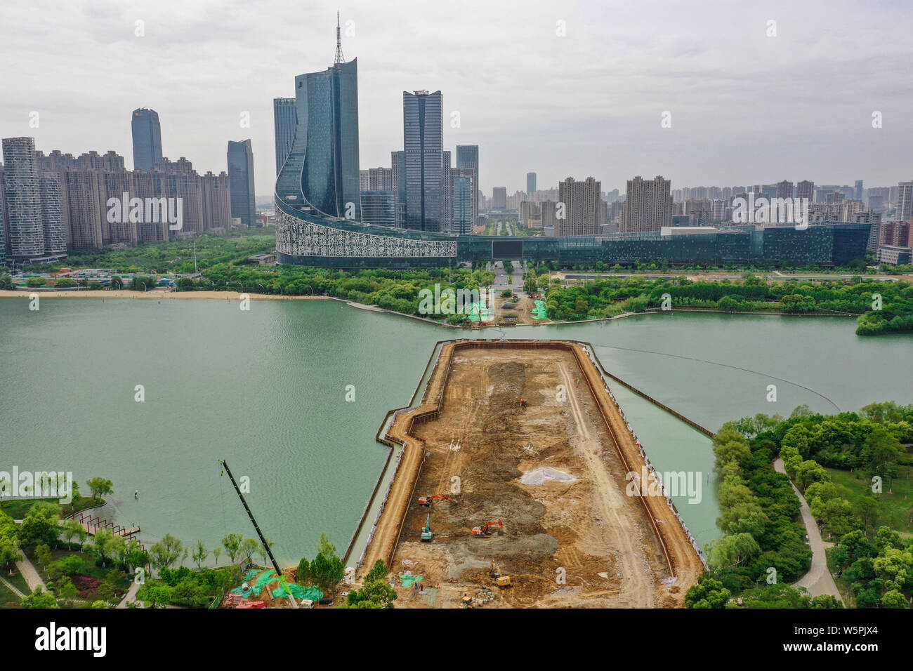 Aerial view of the counstruction site of Swan Lake Tunnel in Hefei city ...