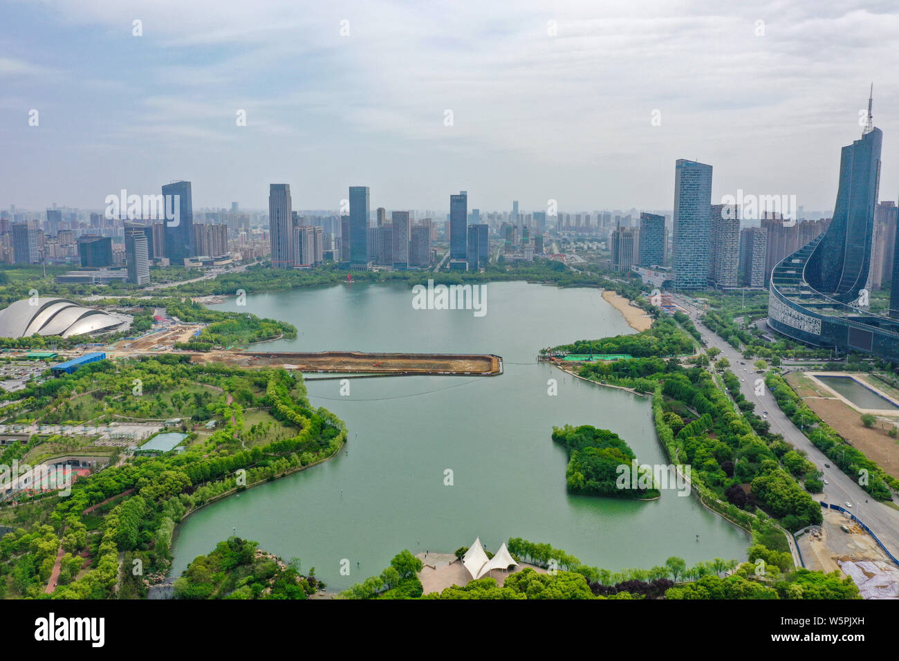 Aerial view of the counstruction site of Swan Lake Tunnel in Hefei city ...