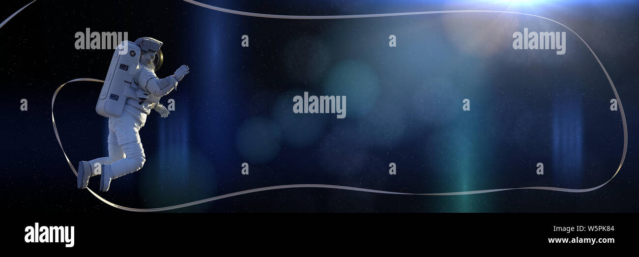 astronaut with safety tether performing a spacewalk in empty space (3d ...