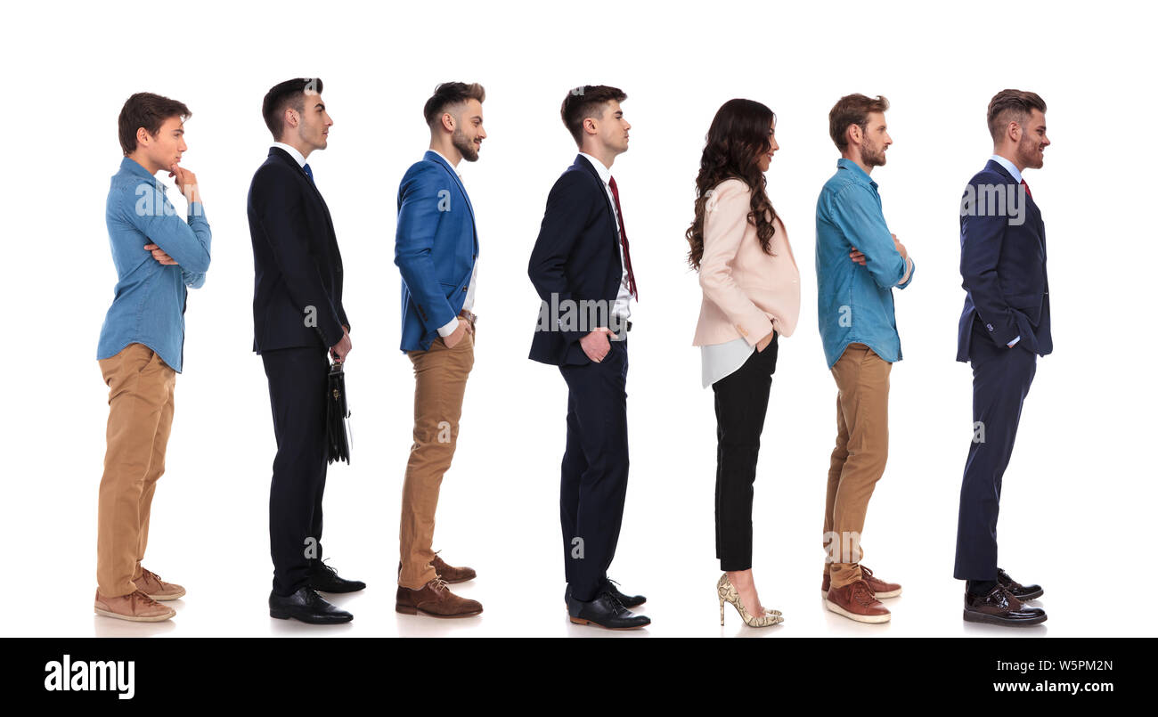 group of seven people with different reactions waiting in line while ...