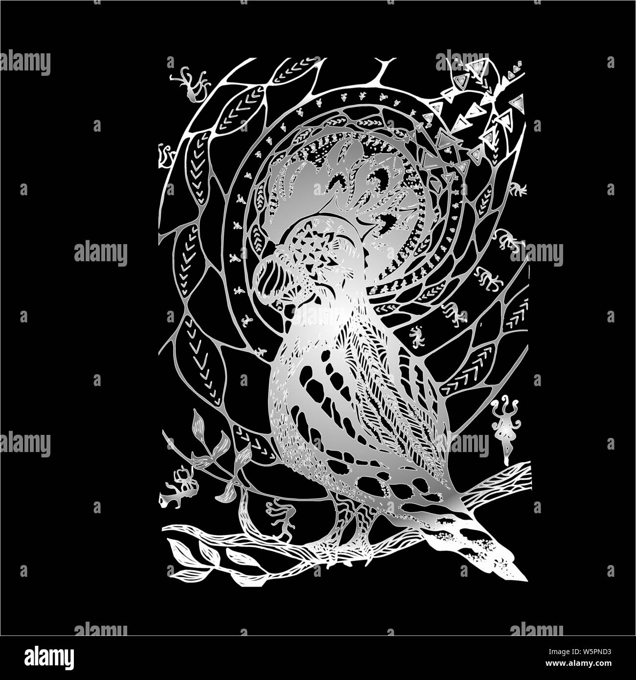 Black white illustration with abstract pattern, psychedelic bird and ...