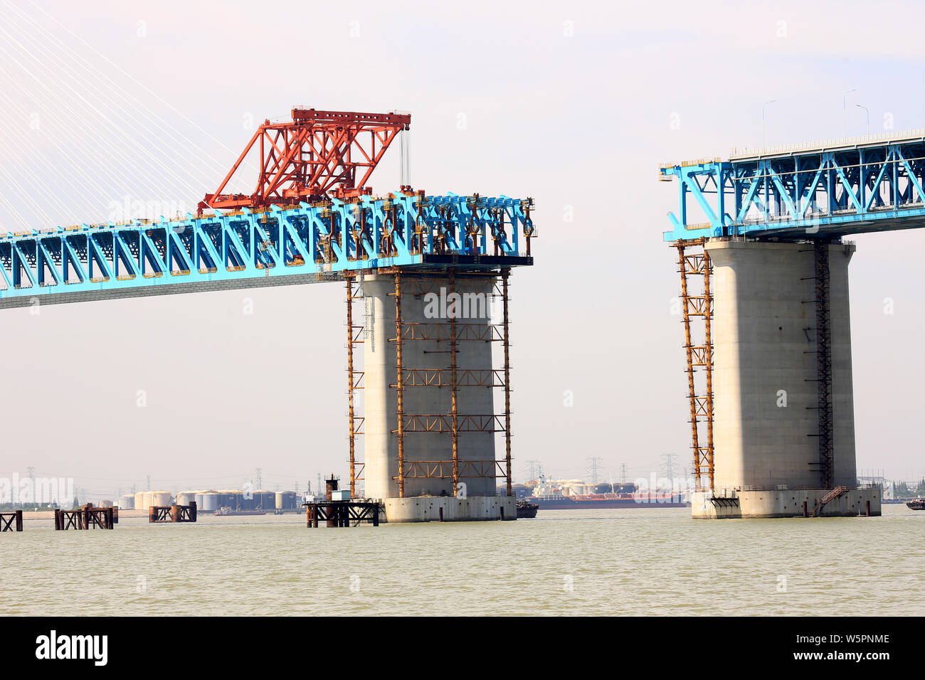 View of the steel truss girder of the world's longest cable-stayed ...