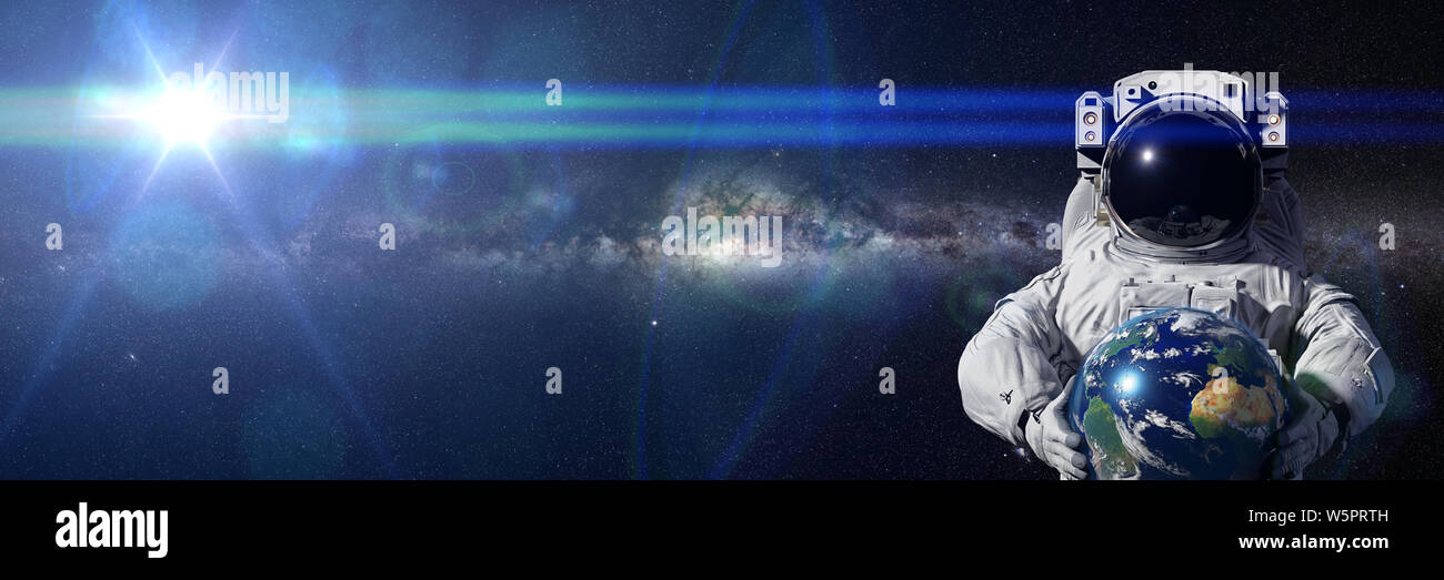 astronaut holding planet Earth (3d space illustration banner, elements ...