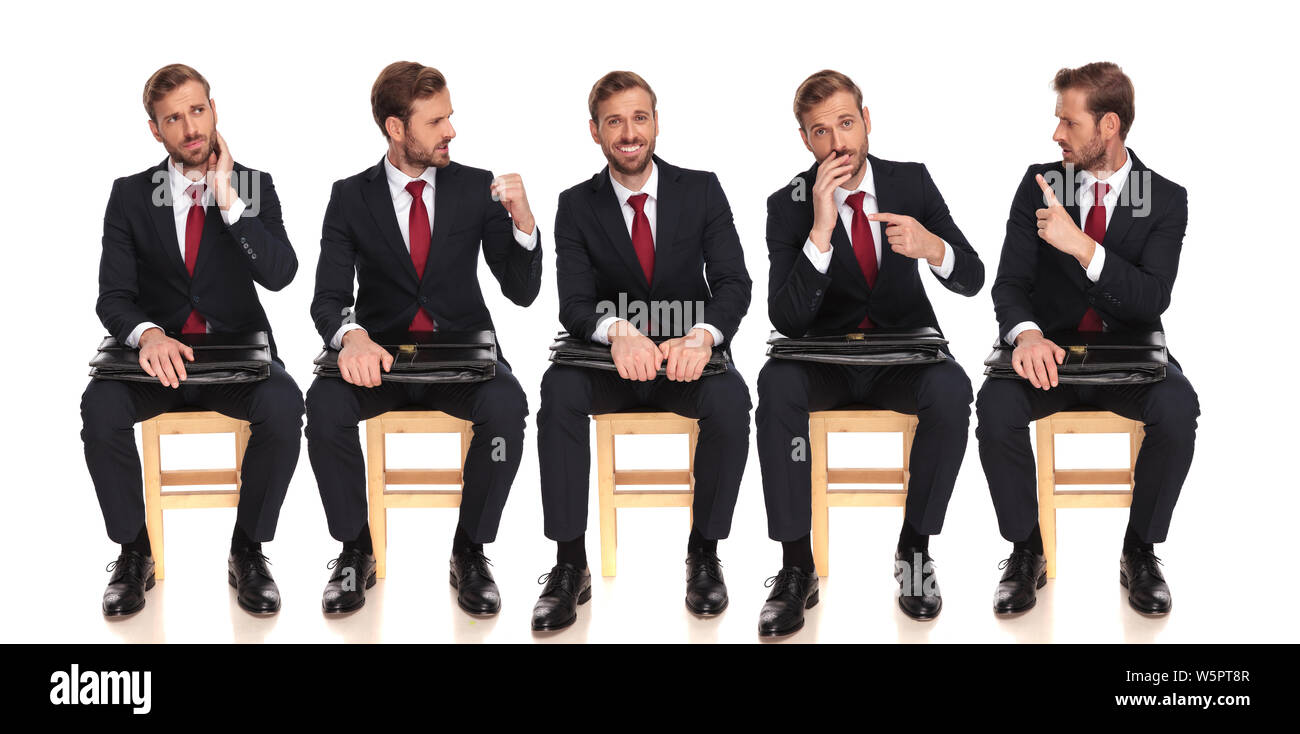 5 poses of a businessman talking to himself while waiting on a chair on ...