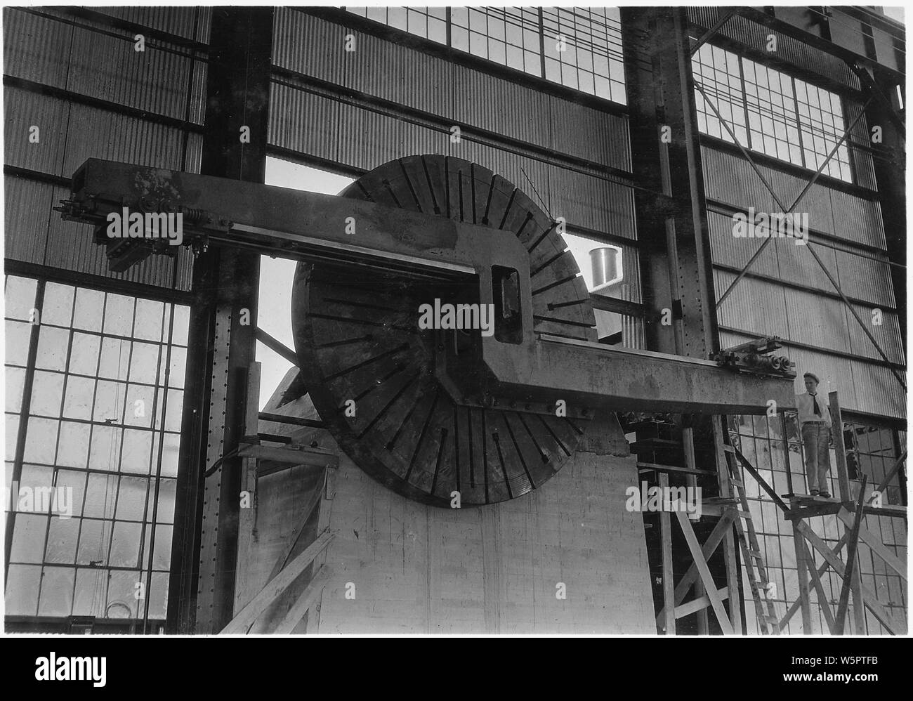 Lathe for machining ends of pipe sections at Babcock and Wilcox Company ...