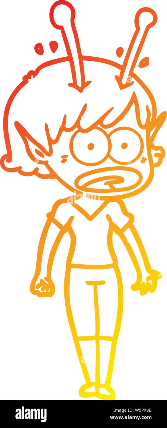 warm gradient line drawing of a cartoon shocked alien girl Stock Vector ...