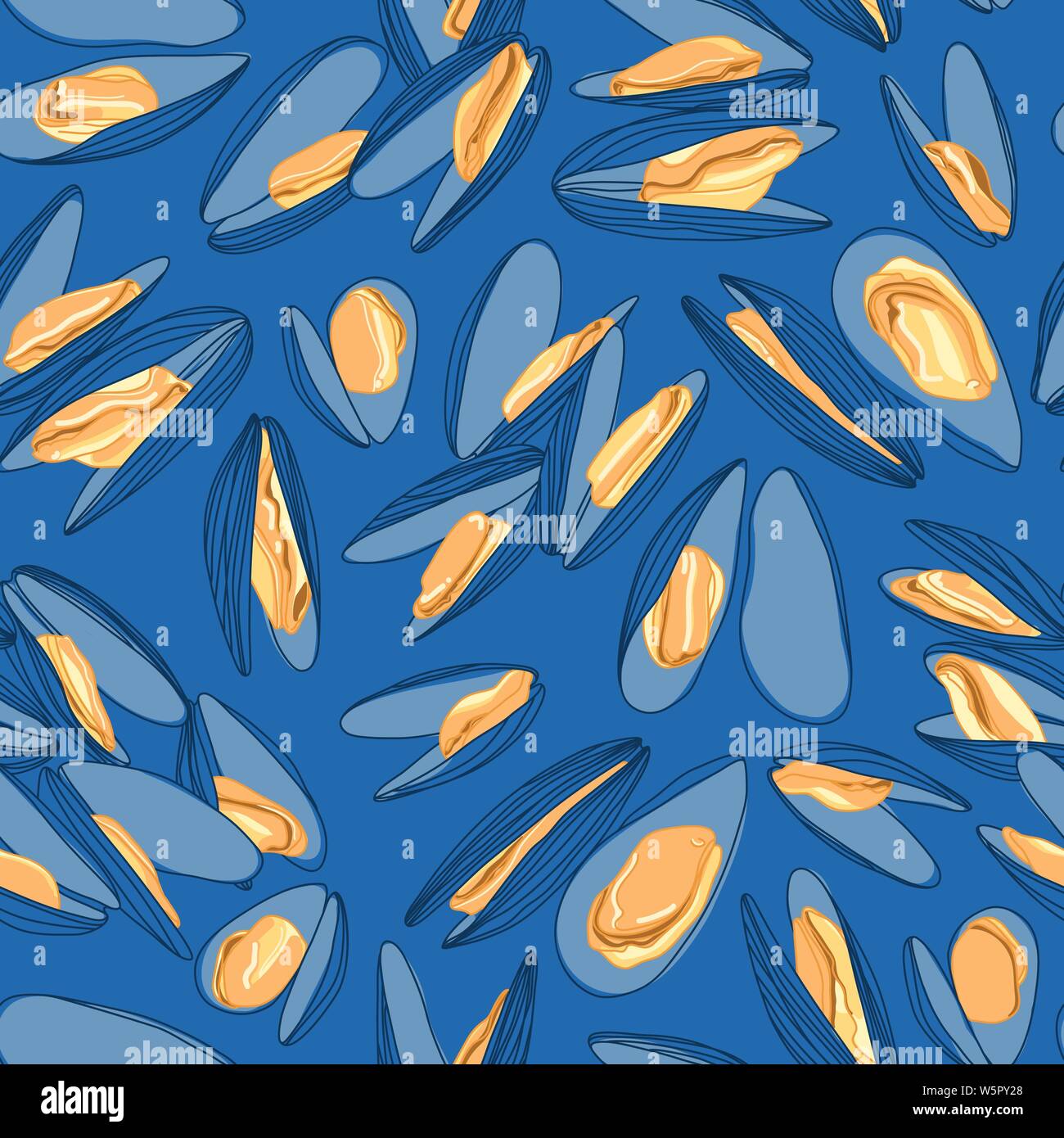 Hand Drawn Orange Mussels in Shells Sketch Line Drawing Ornamental ...