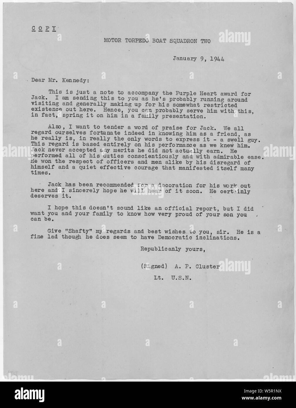 Letter to Joseph P. Kennedy, Sr. Re: John F. Kennedy, Purple Heart ...