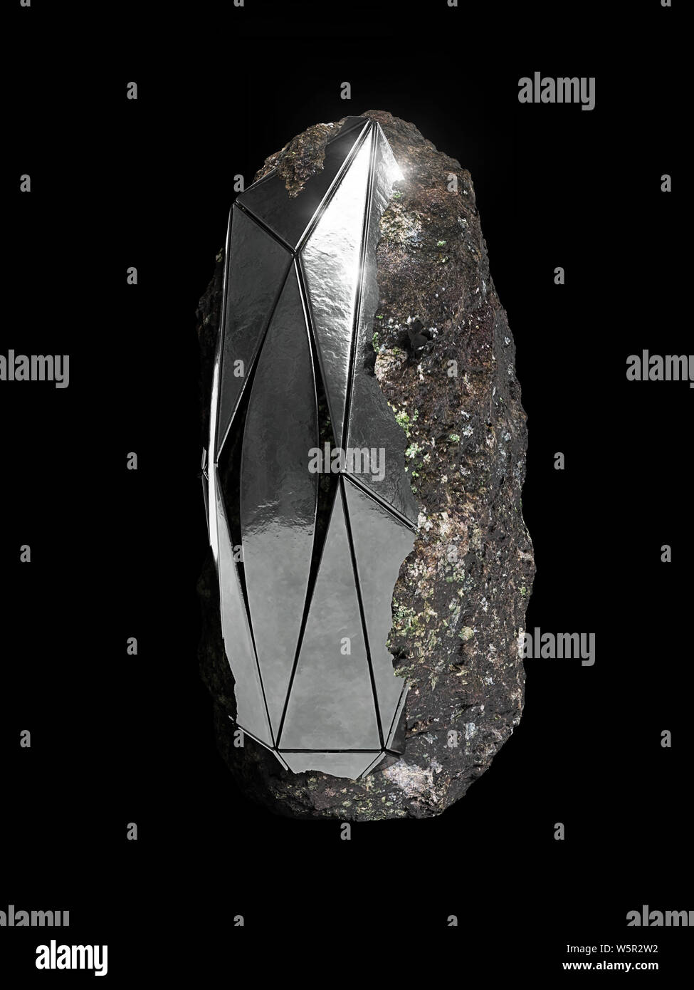 steel monolith embedded in rock, abstract shape, sci-fi object isolated ...