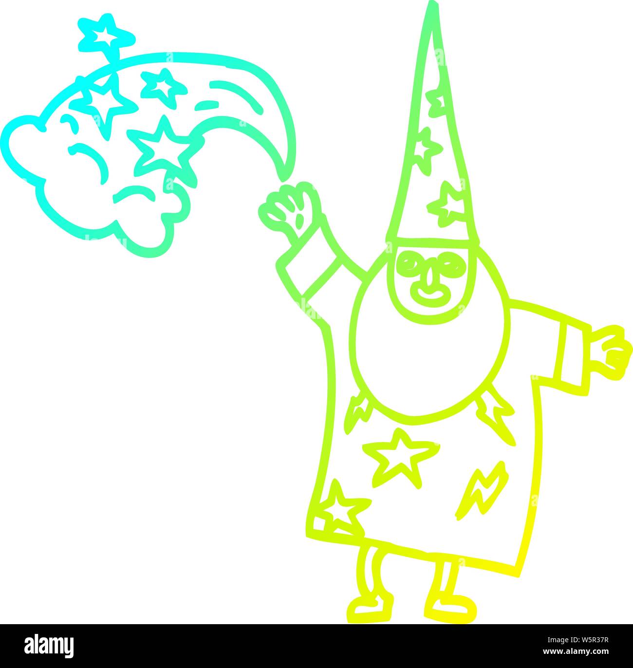 cold gradient line drawing of a cartoon wizard casting spell Stock ...