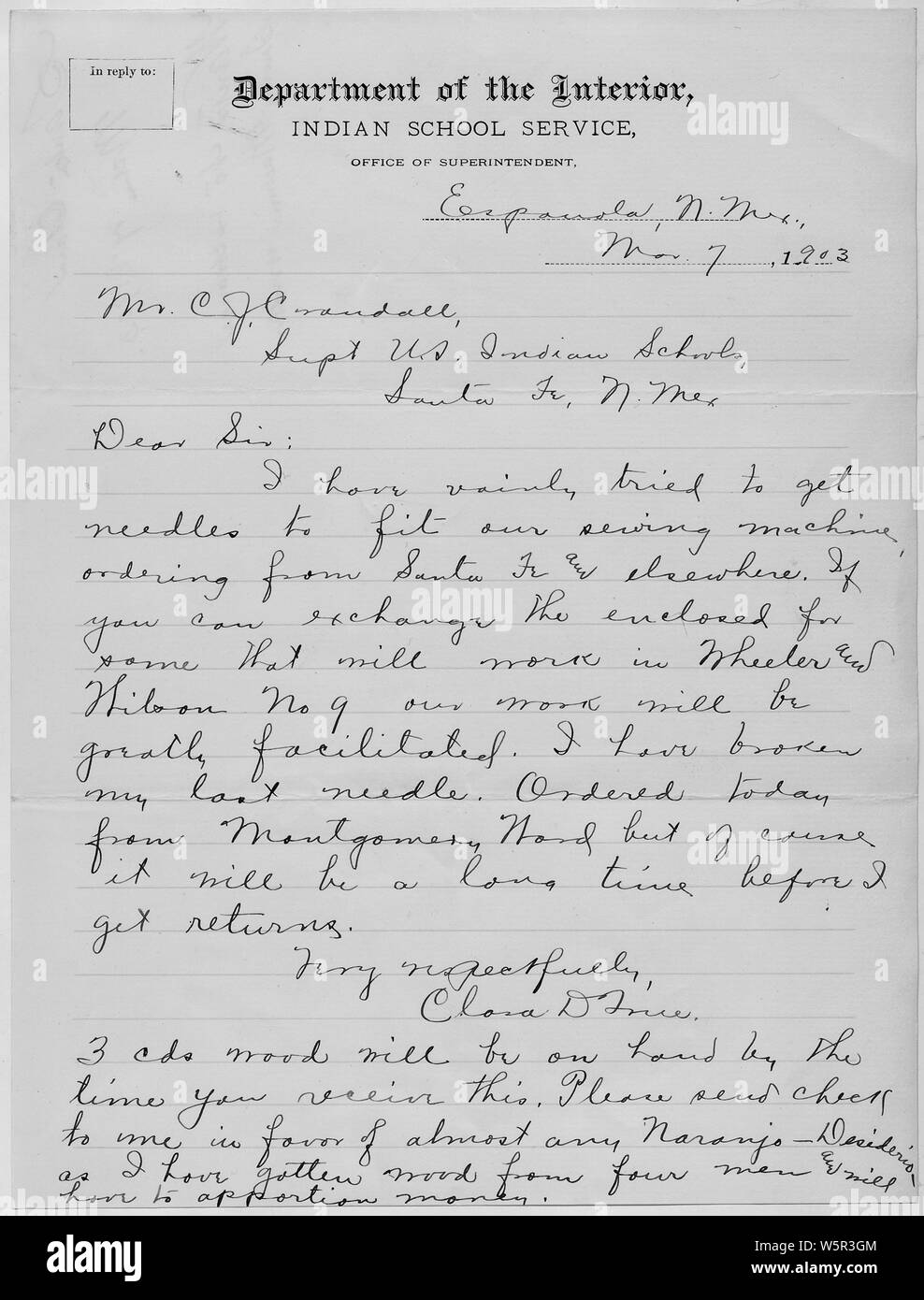 Letter to Superintendent requesting sewing machine needles and a check ...