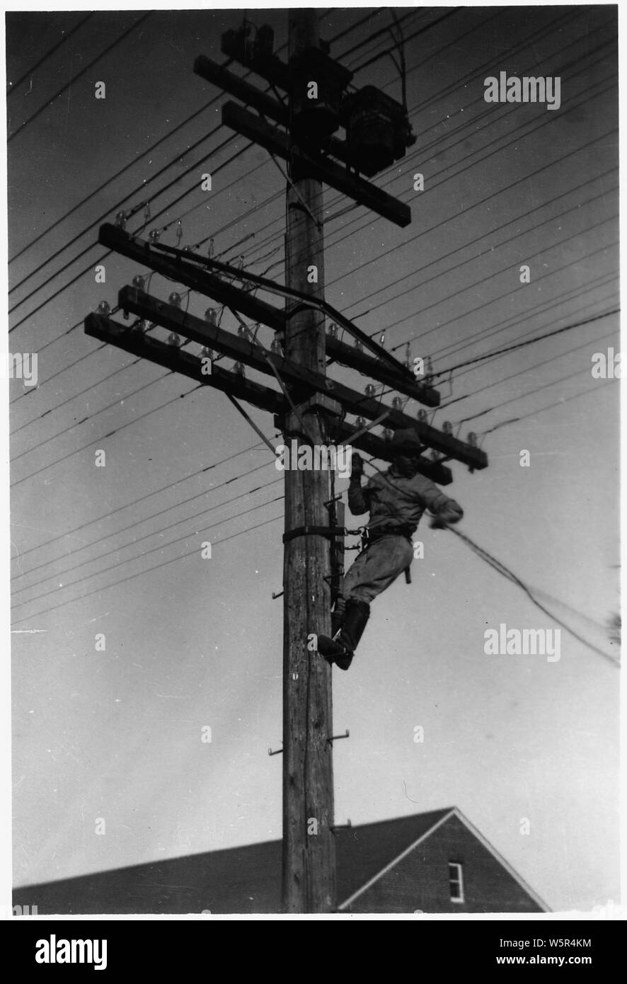 Lineman climbing telephone pole Stock Photo - Alamy
