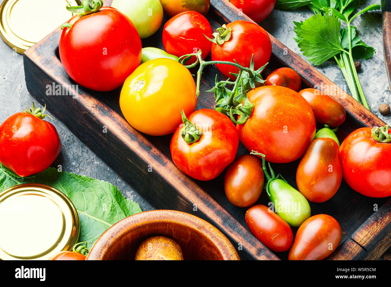 Autumn harvest of tomatoes.Canning tomatoes.Pickling of ripe tomatoes ...