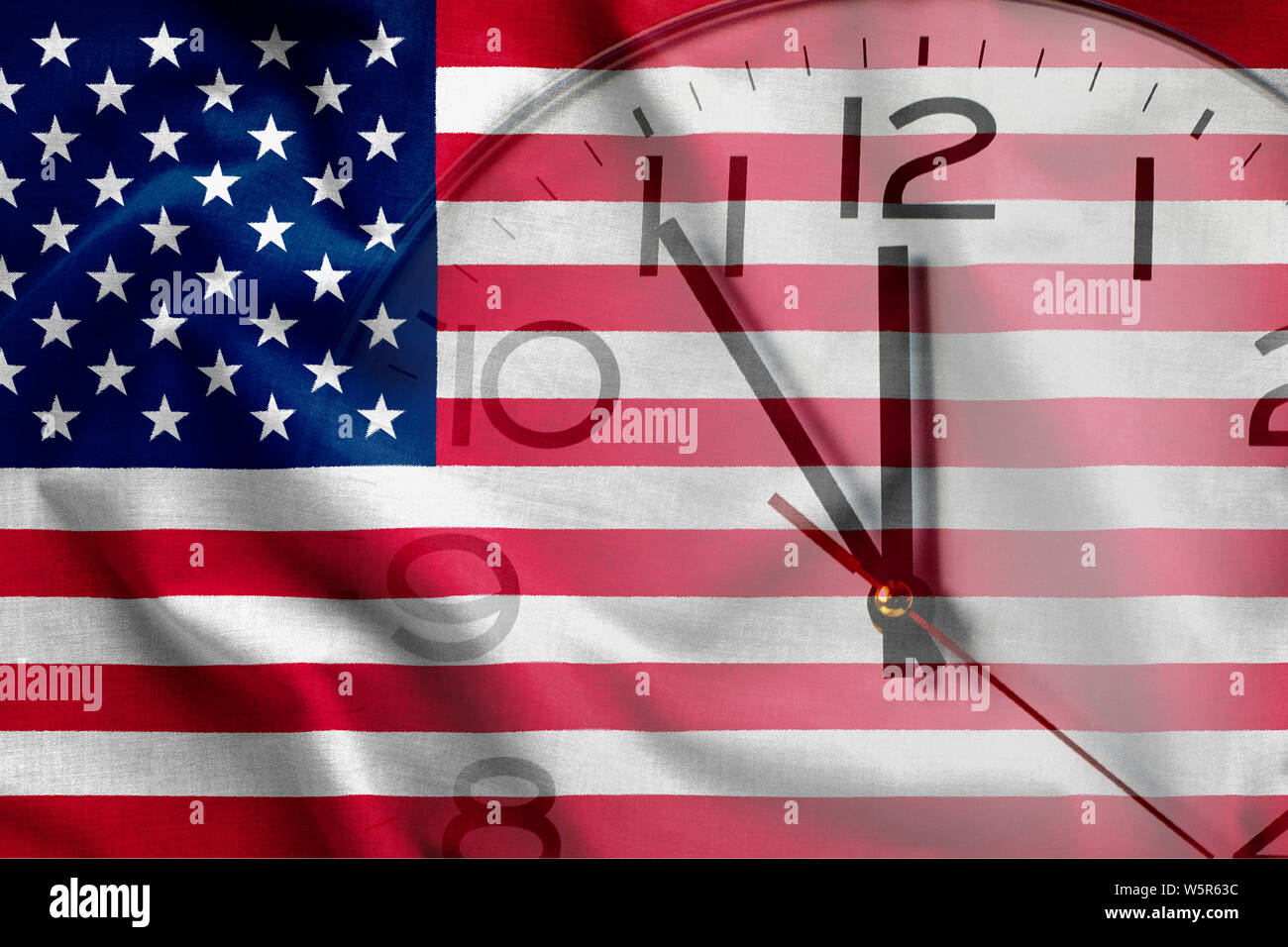Double exposure of USA flag and clock-face showing time Stock Photo - Alamy