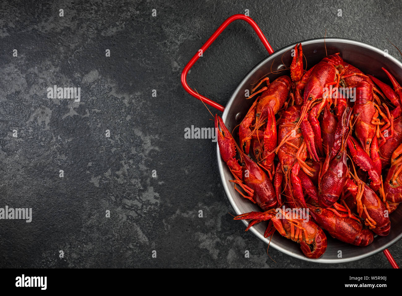Fresh Crayfish in Soucepan on Dark Background, Copy Space Stock Photo ...