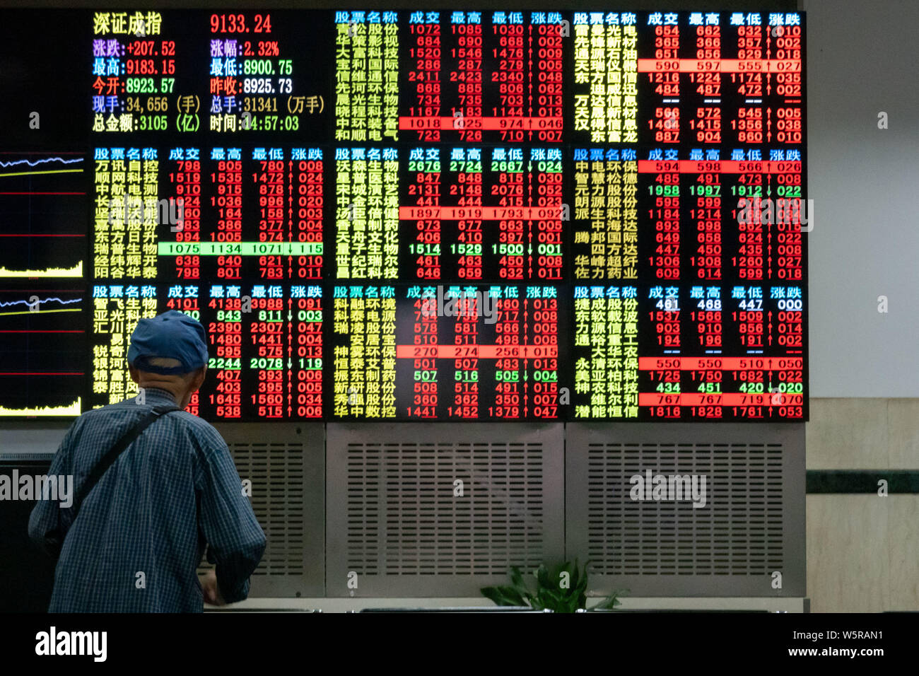 Chinese investors look at a screen displaying prices of shares (red for ...