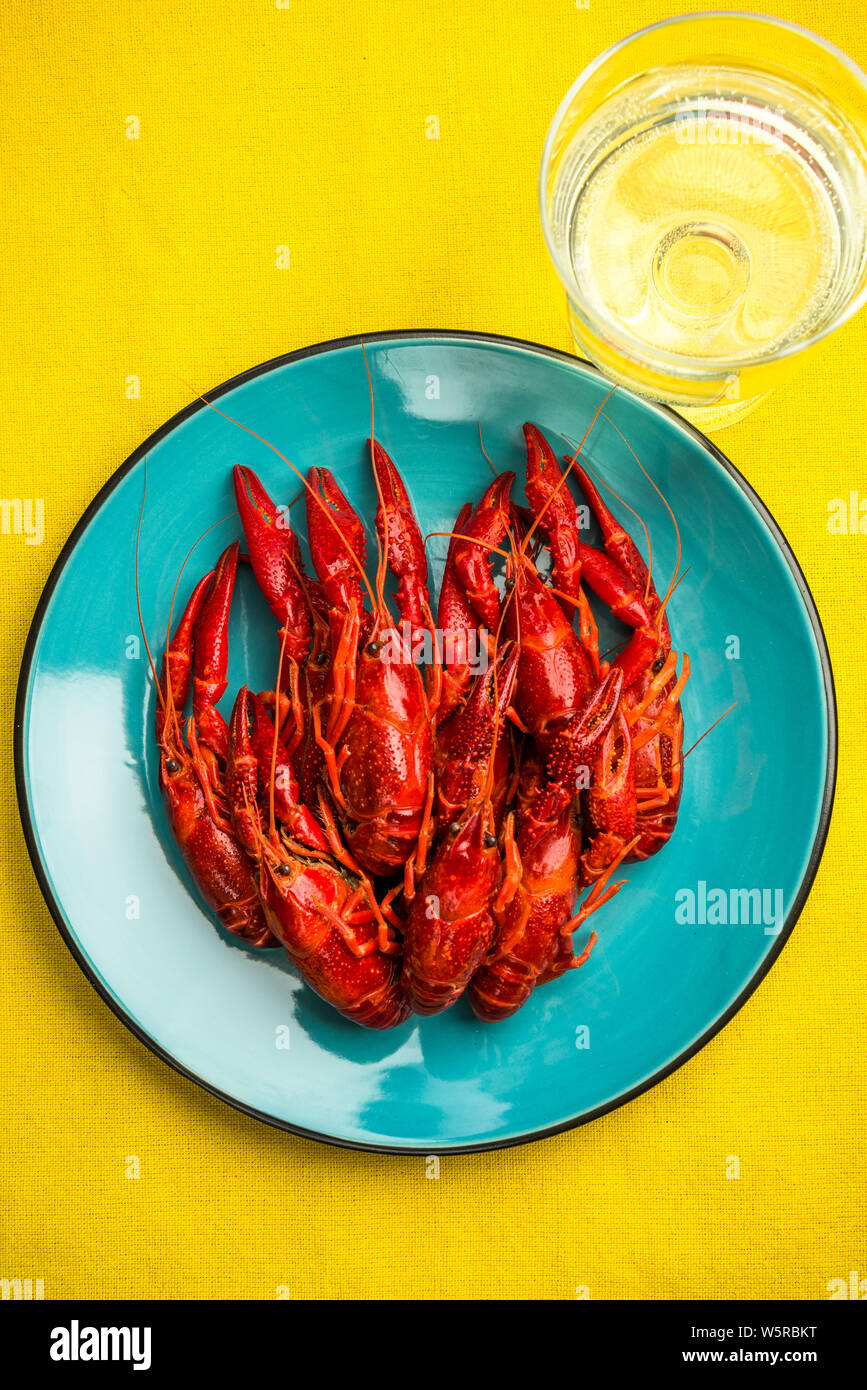 Serving Colorful Red Crayfish or Lobster, Top View,Vibrant Modern Color ...