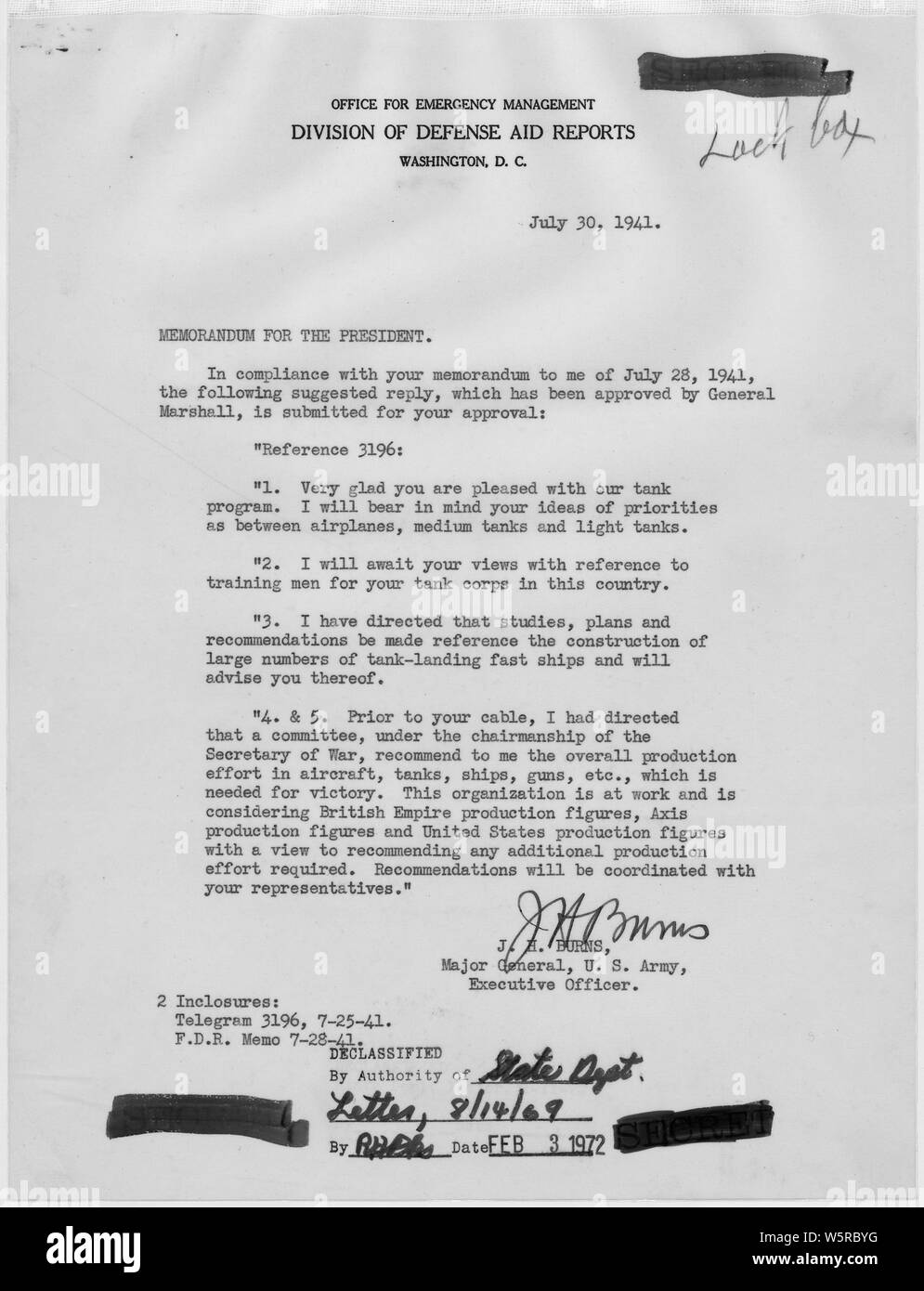 Major General J.H. Burns to Franklin D. Roosevelt Stock Photo - Alamy