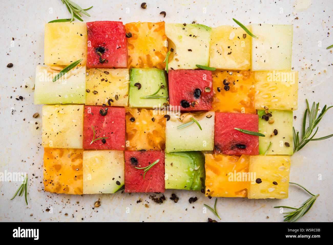 Healthy Salad, Square Cubes Fruit Pieces on White Board Stock Photo - Alamy