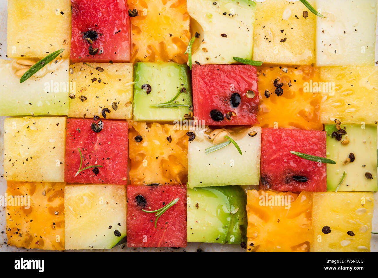Healthy Salad, Square Cubes Fruit Pieces on White Board. Close Up View ...