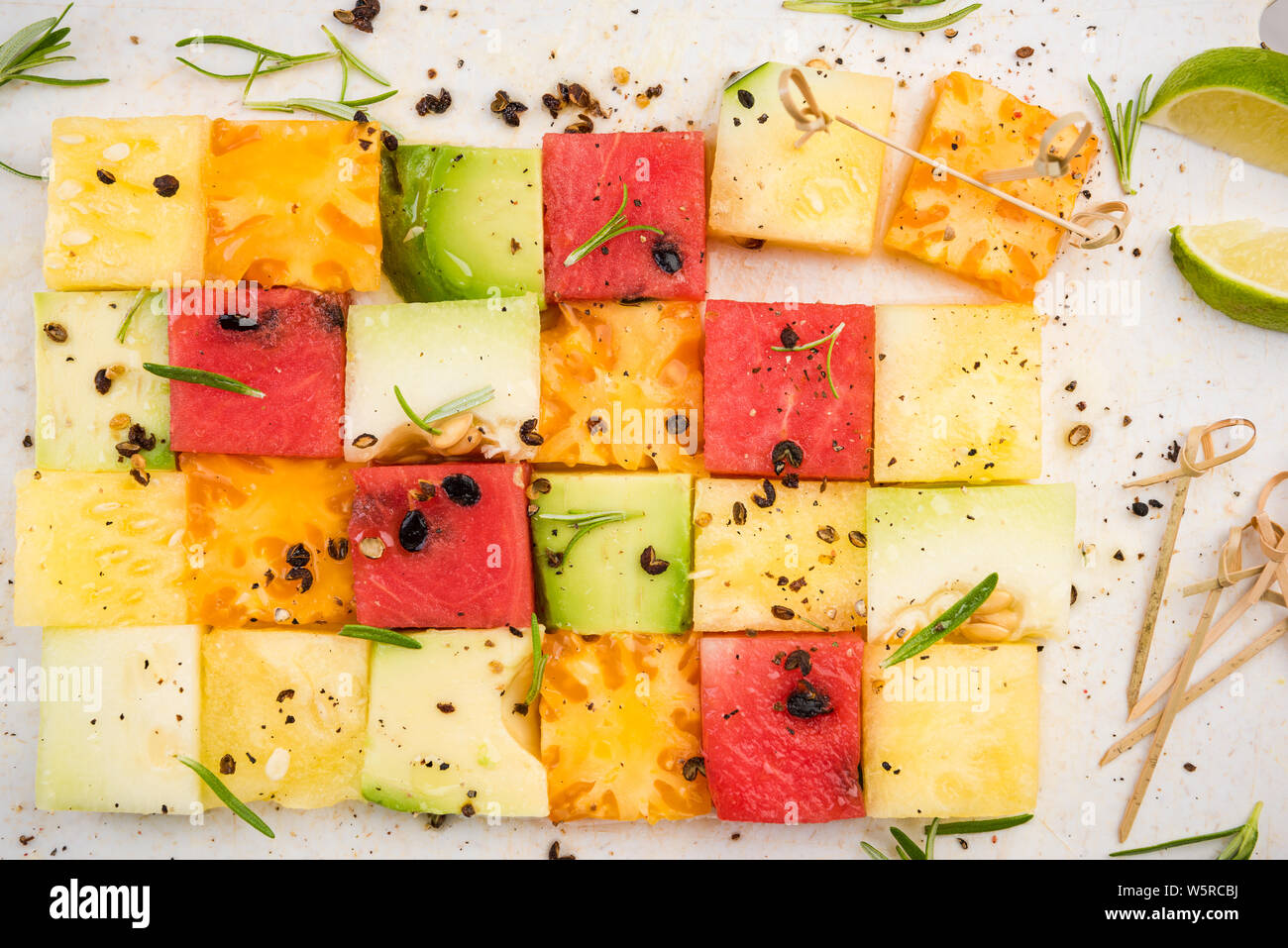 Creative and Healthy Picnic or Party Food, Square Fruit Pieces on ...