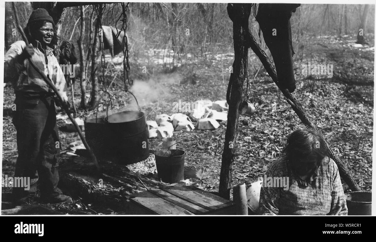 Maple sugar industry; Scope and content: Showing tent (tipi), birch ...