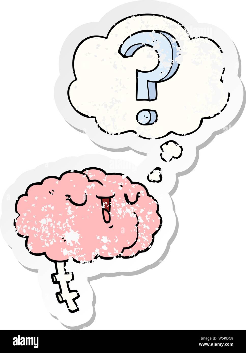 cartoon curious brain with thought bubble as a distressed worn sticker ...
