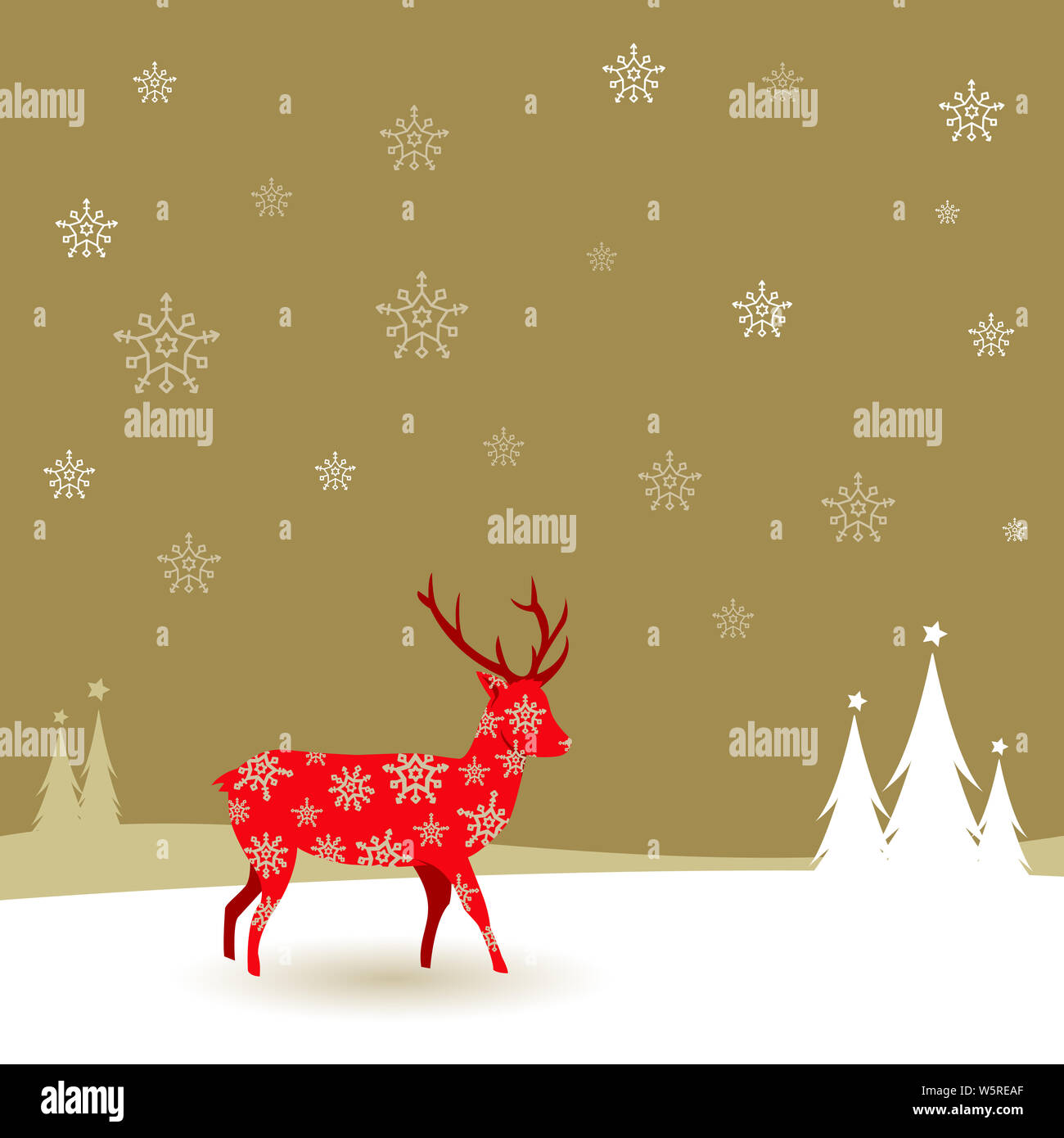 Christmas background with deer in a Christmas snowy landscape. Seasonal ...