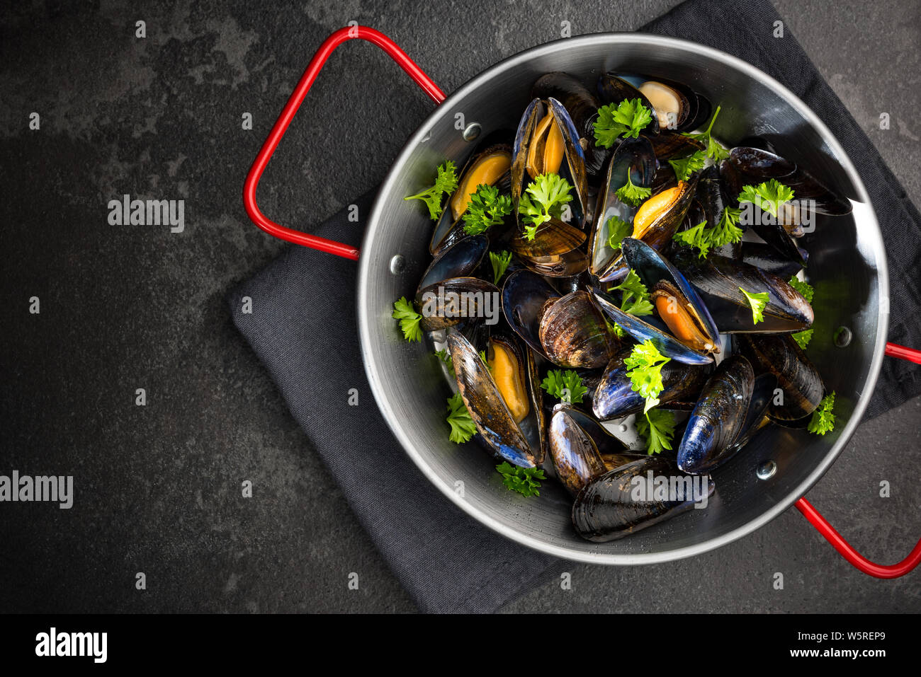 Mussels with Fresh Parsley, Seafood Dish, Top View Stock Photo - Alamy