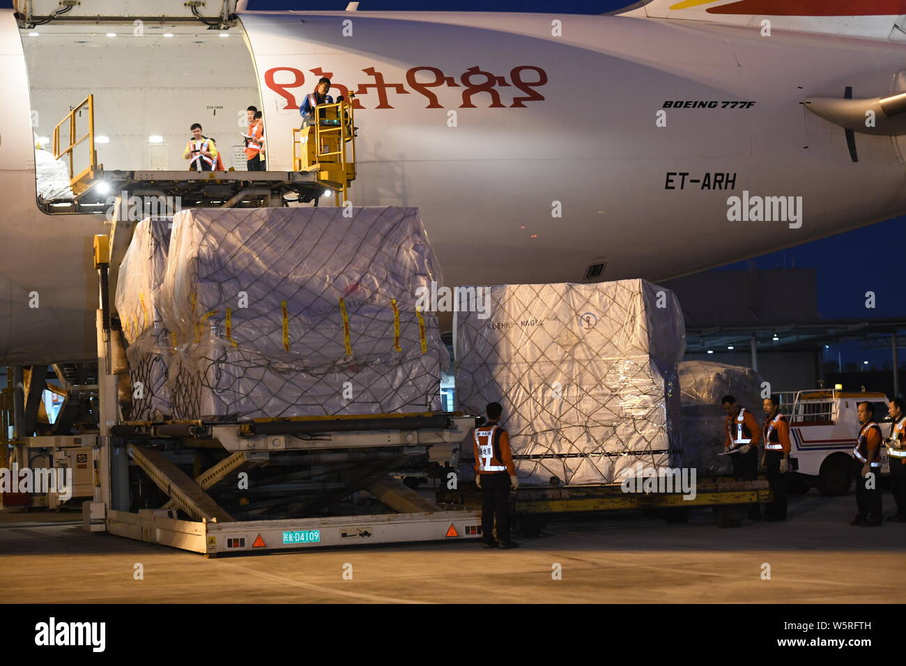 A Boeing 777-200F cargo plane of Ethiopian Airlines is parked at the ...