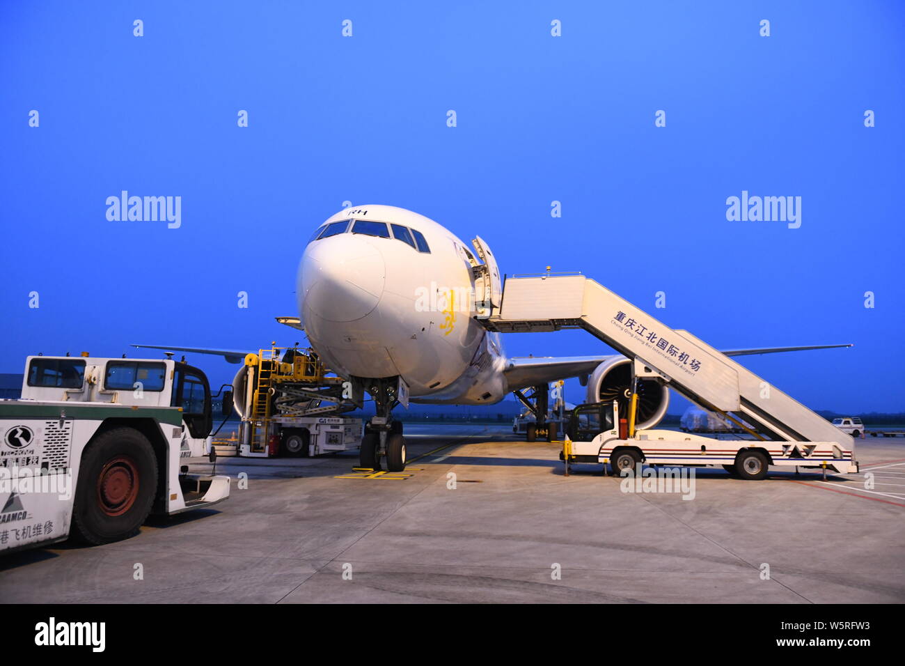 A Boeing 777-200F cargo plane of Ethiopian Airlines is parked at the ...