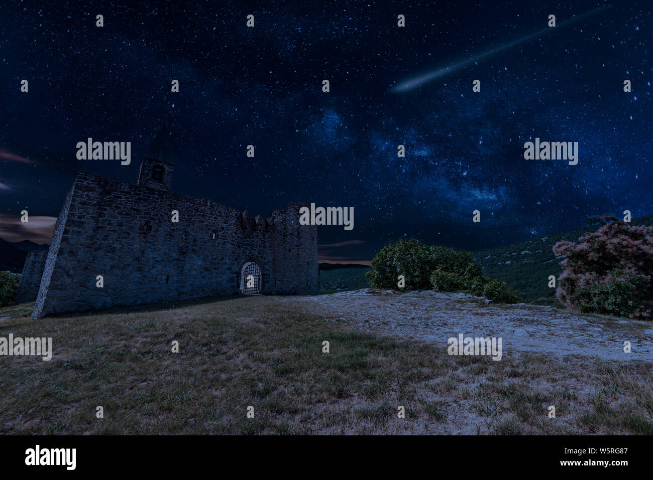 Perseid MEteor Shower over Trinity Church in Hrastovlje, Slovenia Stock ...