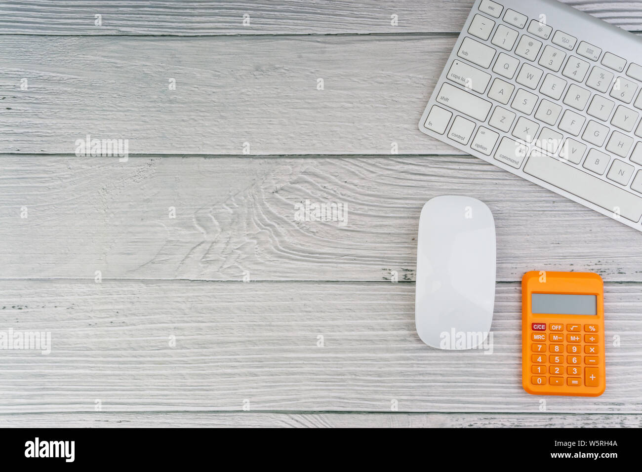 Flat lay, top view office table desk. Workspace with mouse, calculator ...