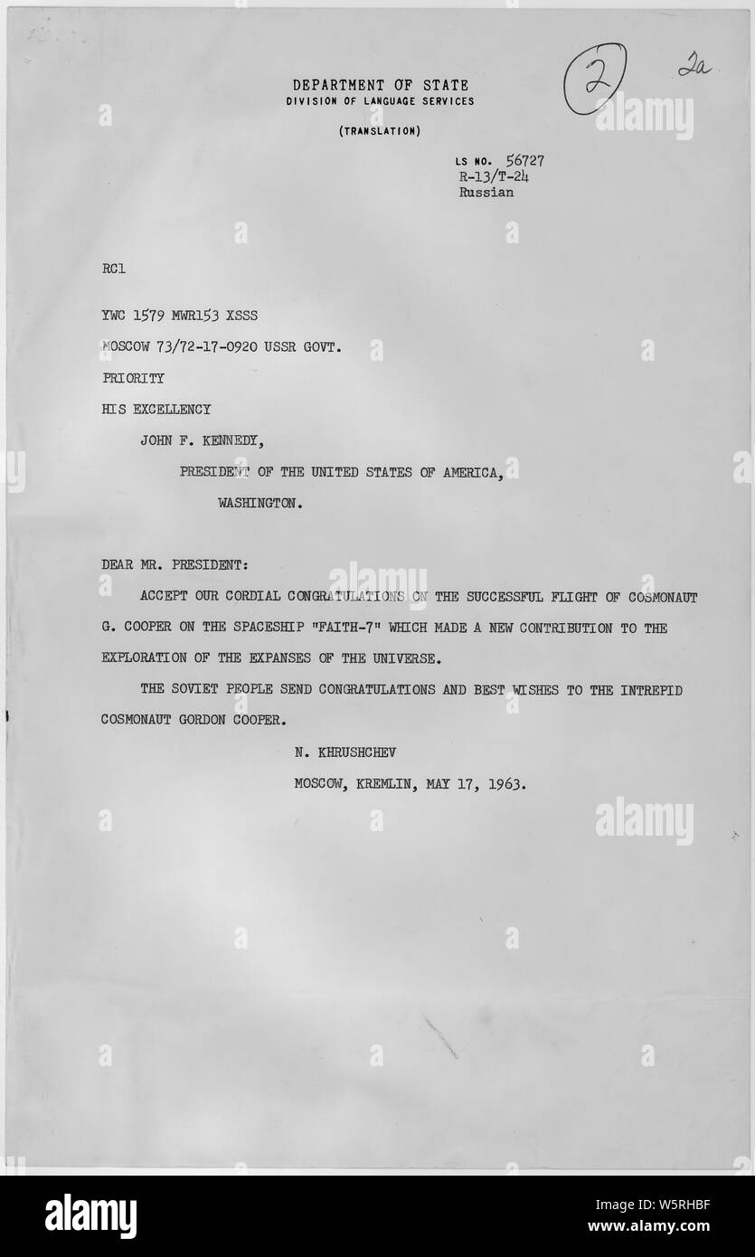 Message, Khruschev to Kennedy Congratulations on flight of Scott Cooper ...