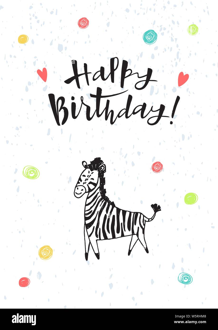 Safari cute animals vector zebra card with lettering Happy Birthday ...