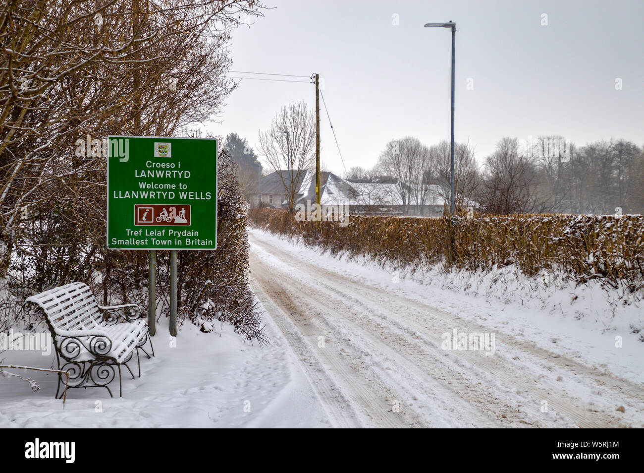 Snowy conditions in Llanwrtyd Wells, Powys, Wales. Bilingual village ...