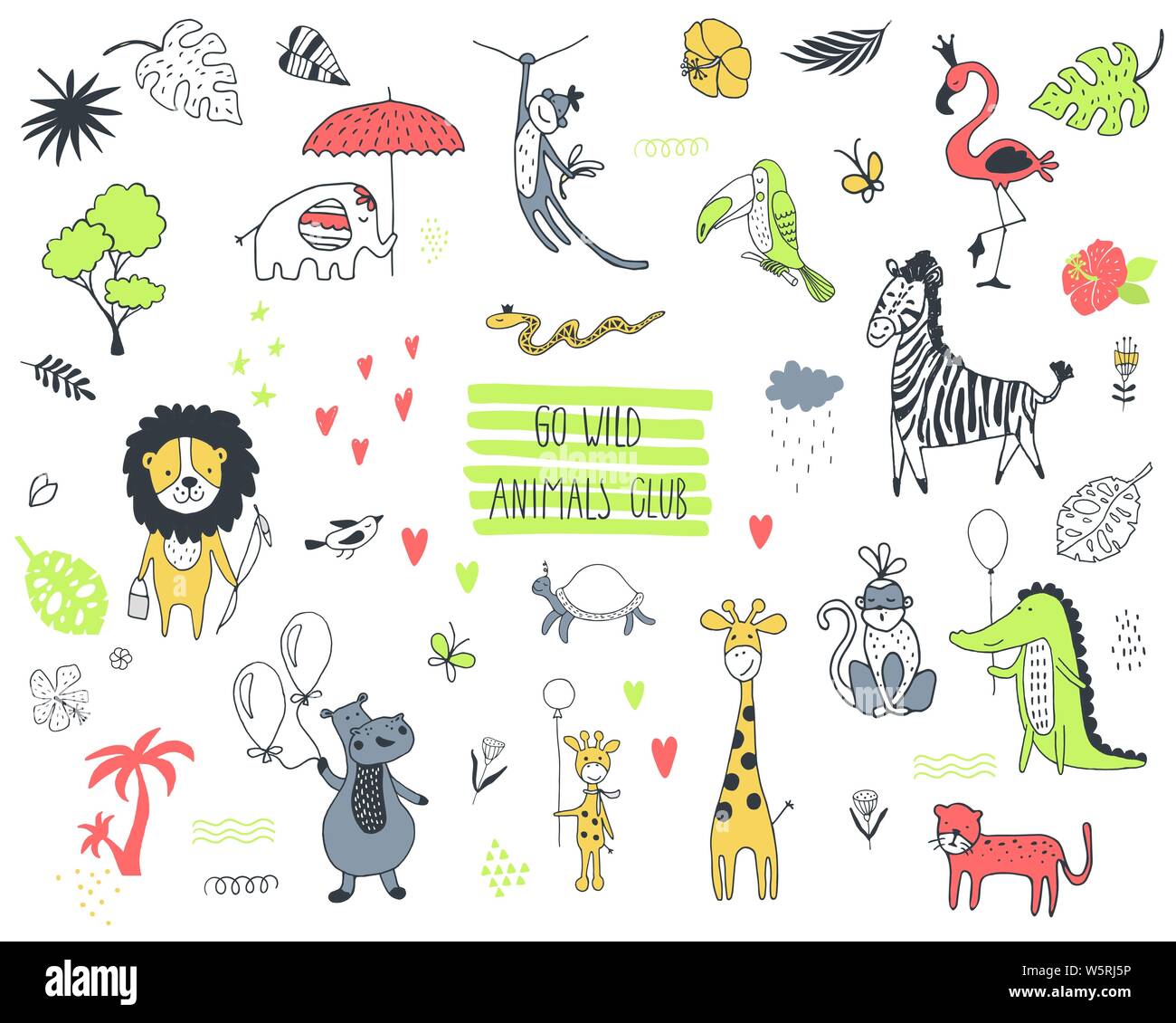 Collection of cute safari animals. Childish vector decoration for ...