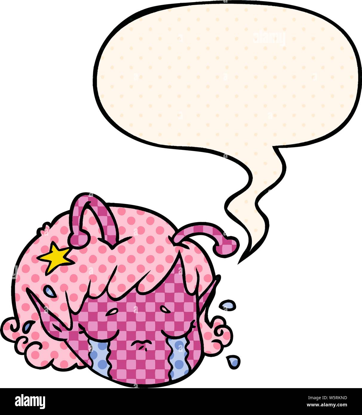 cartoon alien space girl face crying with speech bubble in comic book ...