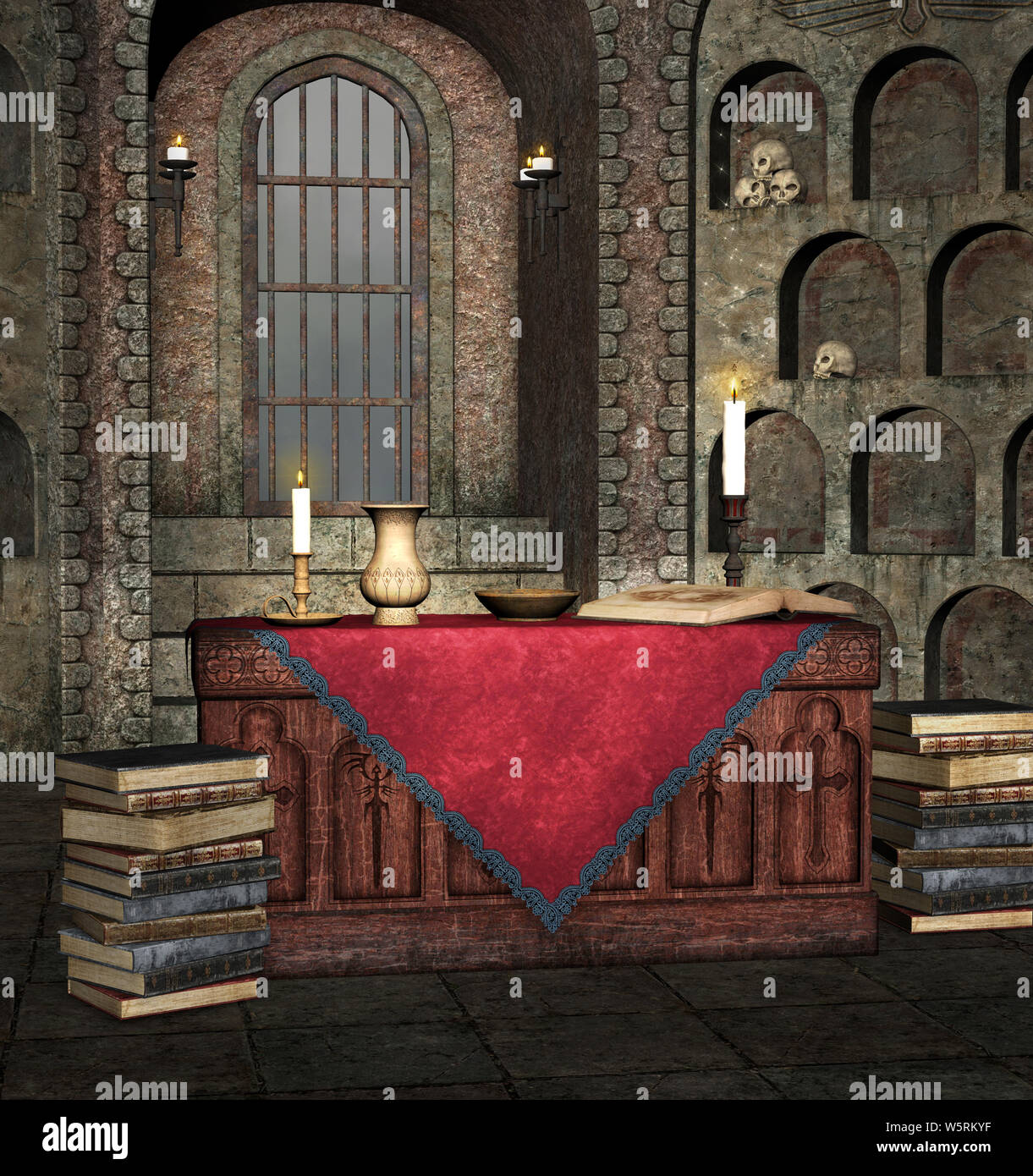 Dark crypt with a pagan altar, books and skulls Stock Photo - Alamy