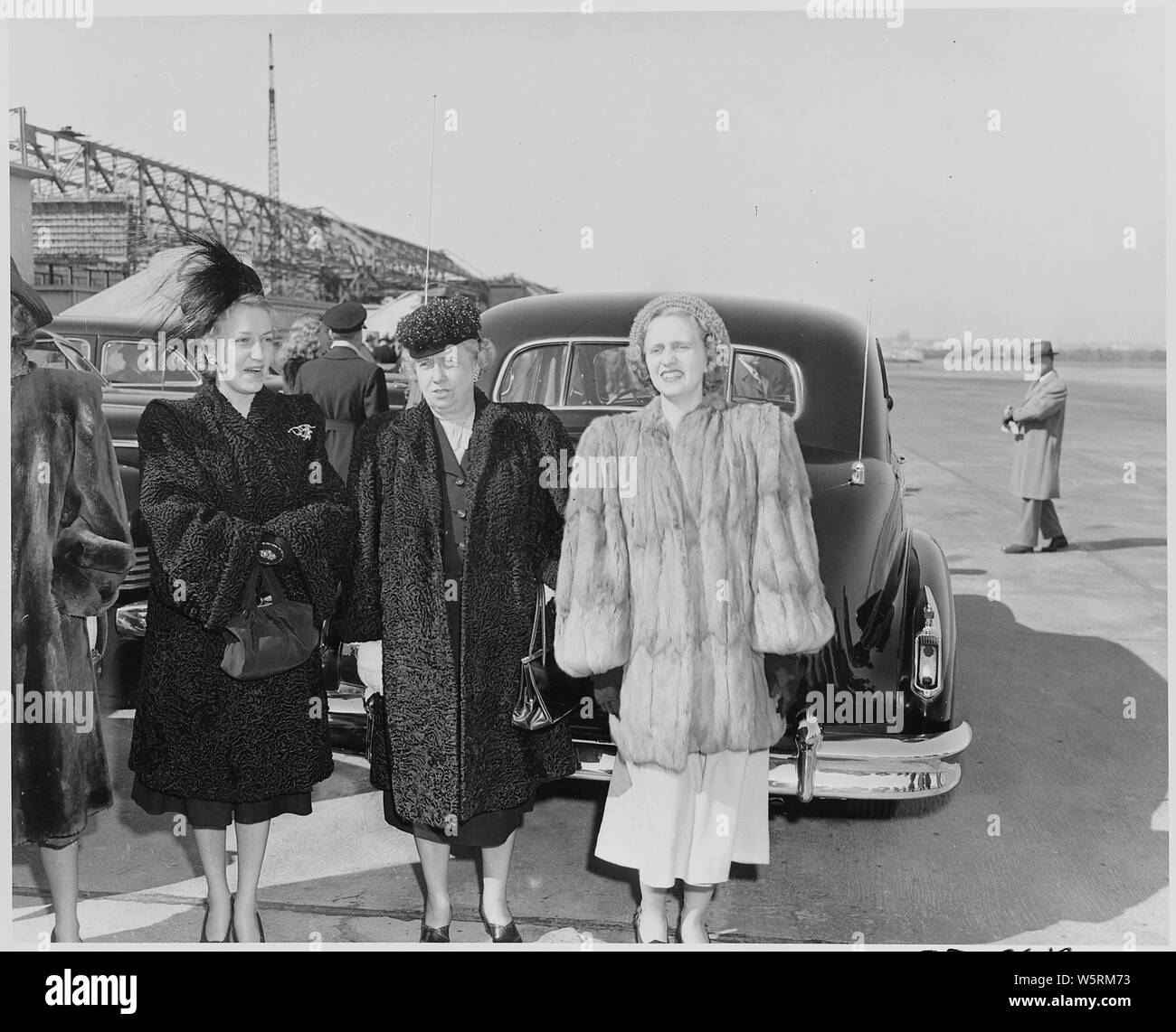 Mrs. Bess Truman and Margaret Truman wait at the airport for the return ...