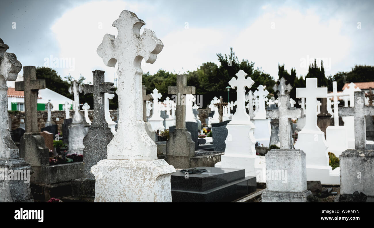 illustration of an old cemetery with marble and concrete graves in ...