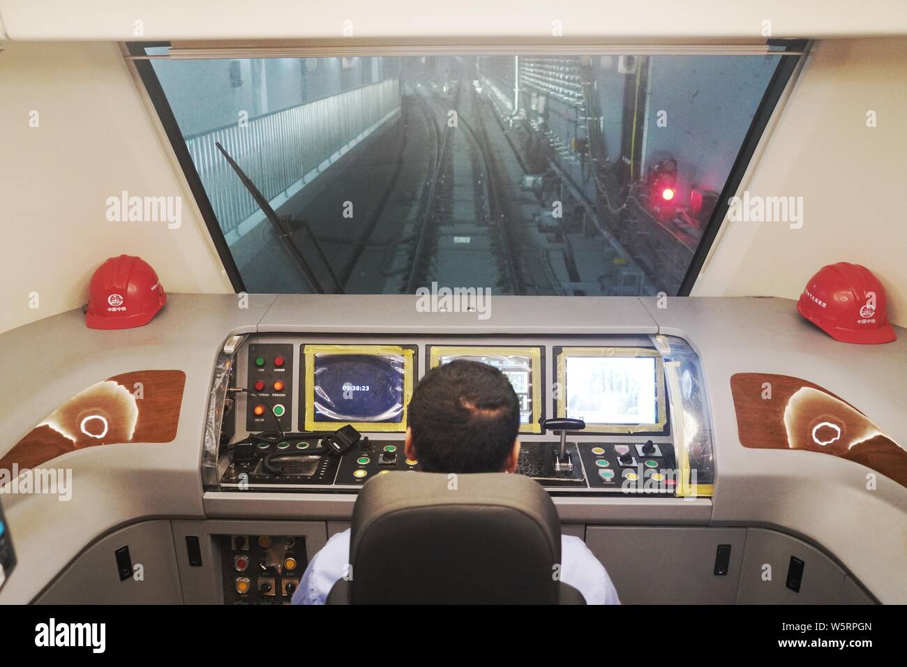 View of a subway train of a new airport subway line running on the ...