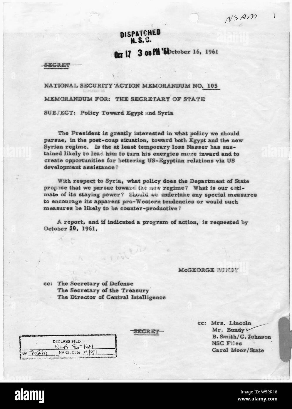 National Security Action Memorandum No. 105 Policy Toward Egypt and ...