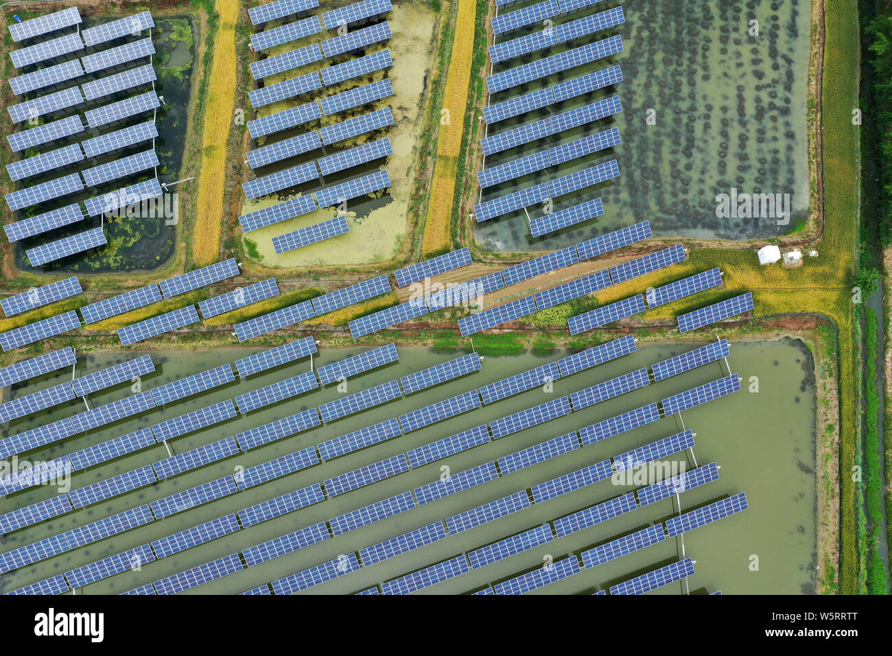 --FILE--Aerial view of a floating solar energy farm at a photovoltaic ...