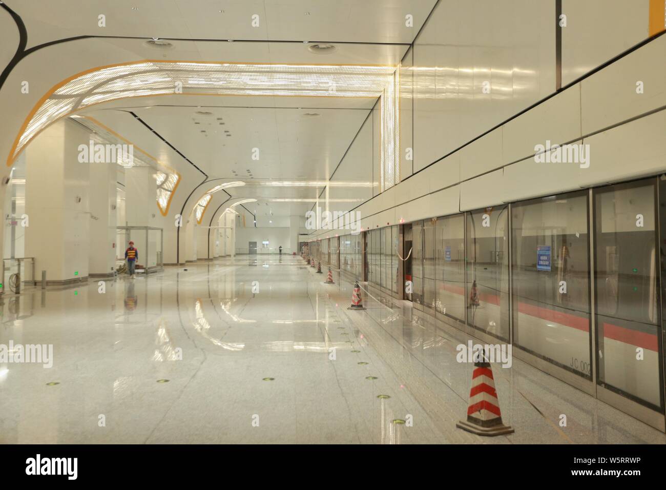 View of a subway train of a new airport subway line running on the ...