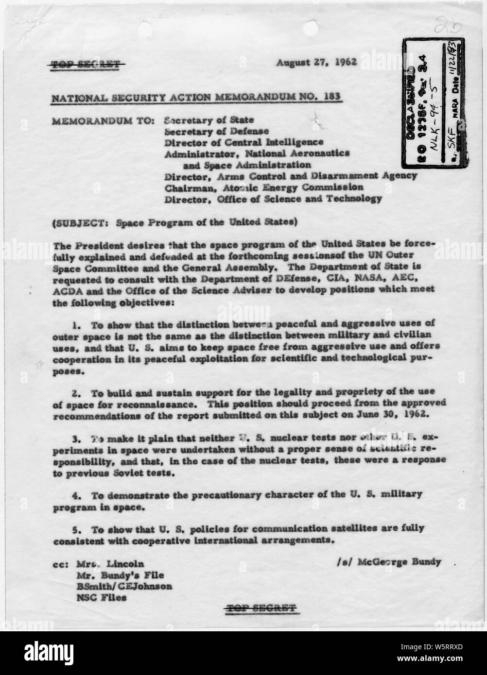 National Security Action Memorandum No. 183 Space Program for the ...