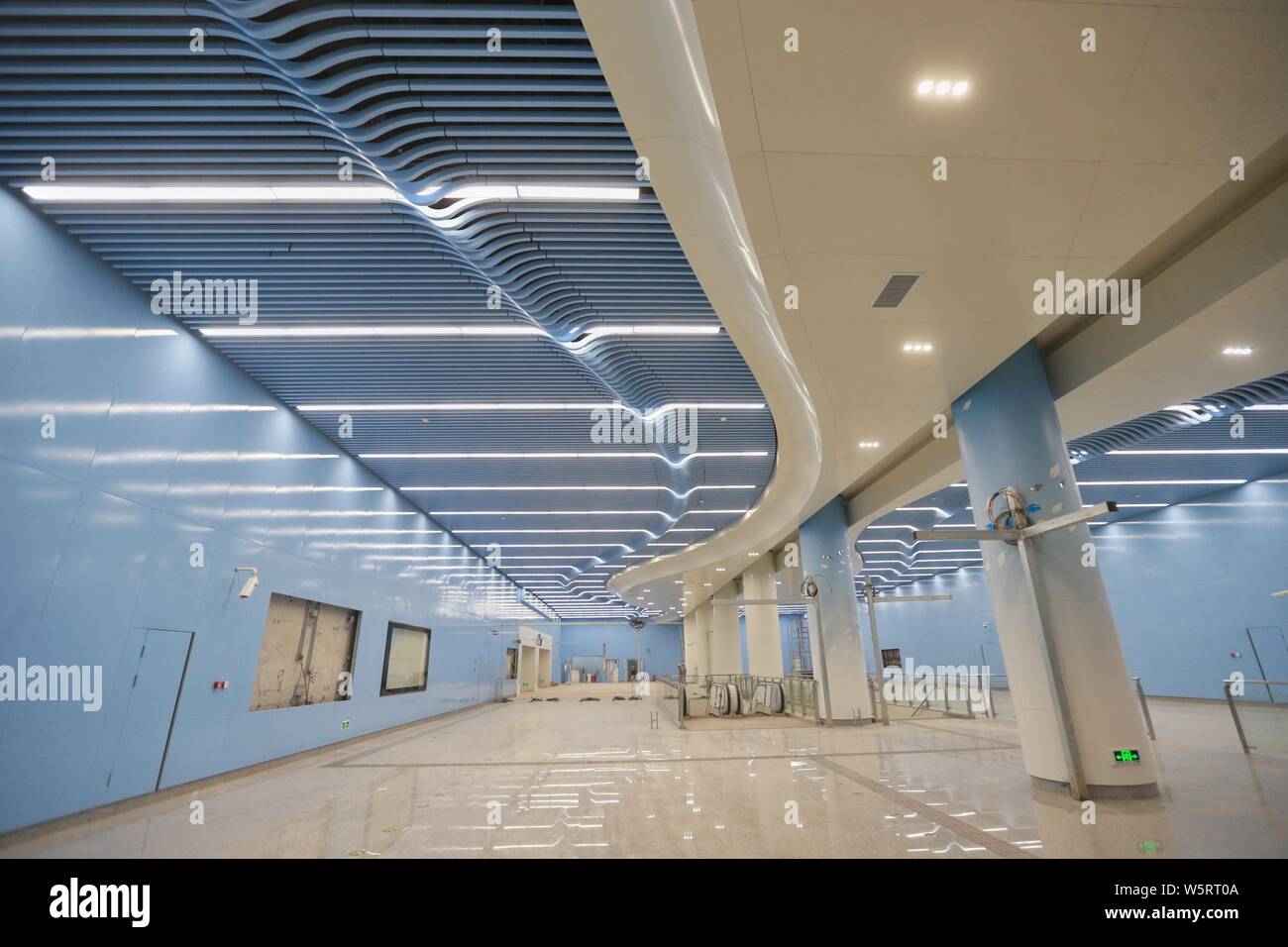 View of a subway train of a new airport subway line running on the ...