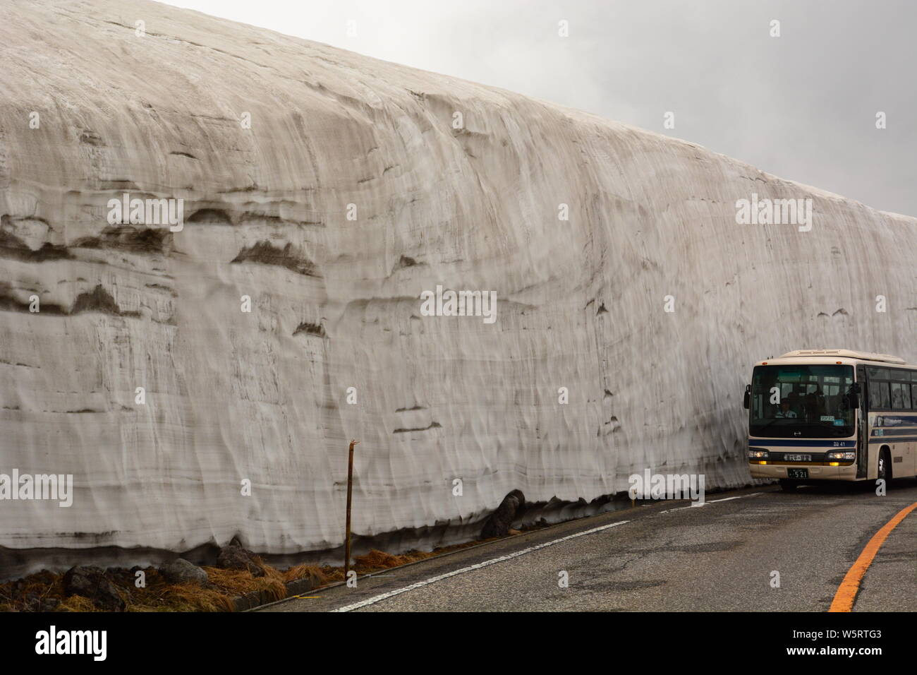 Tourist bus near the snow wall. Murodo. Tateyama Kurobe alpine route ...