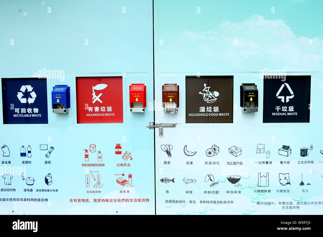 Local residents use QR code cards to open different bins to put their ...