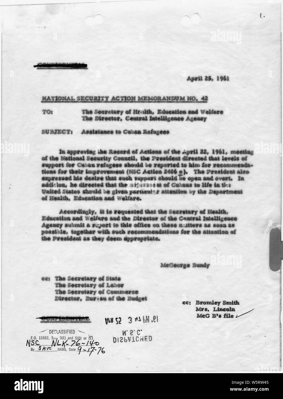 National Security Action Memorandum No. 42 Assistance to Cuban Refugees ...
